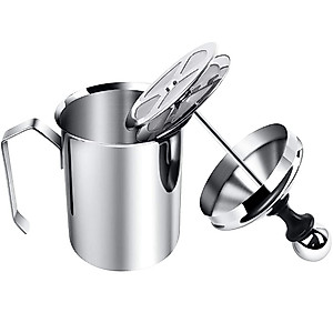 Sindh Stainless Steel Manual Milk Frother, Hand Pump Milk Foamer with Filter Screen for Cappuccino Coffee Latte Hot Chocolate, 14-Ounce Capacity (400ml)