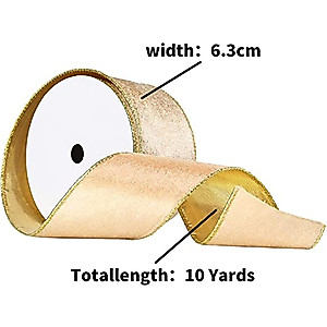 2.5Inch X 10 Yards Christmas Velvet Ribbon,2.5" Wide Wired Ribbon for Christmas Crafts Decoration, Wrapping Crafts (Champagne Gold)