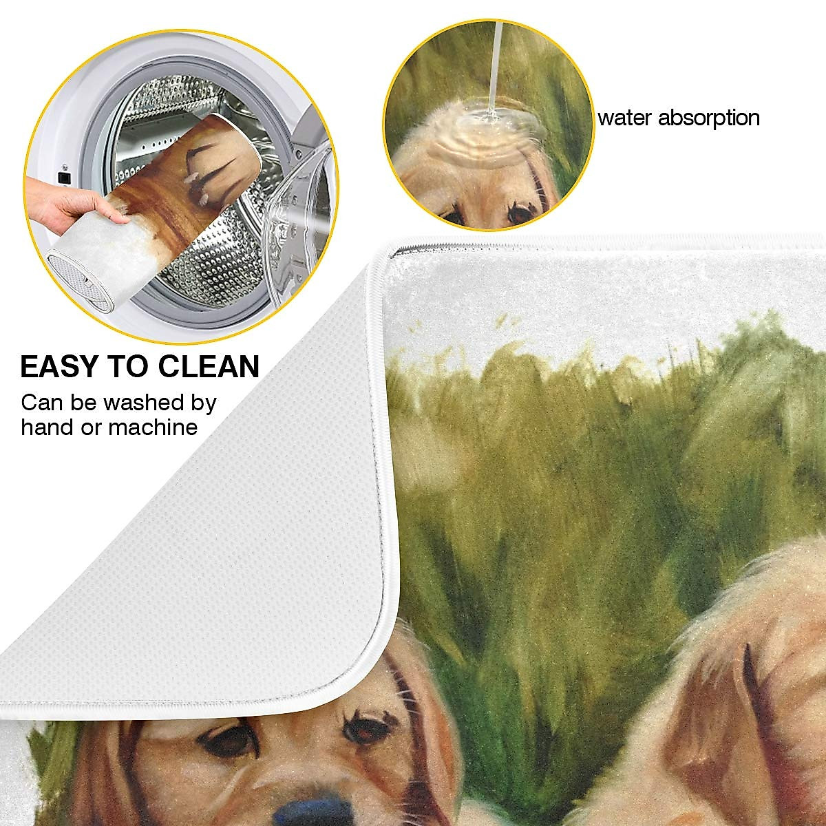 Kitchen Dish Drying Mat Watercolor Golden Retriever Dog Duggy Absorbent Washable Dish Drying Pad Drainer Rack Mat Heat Resistant Counter Protector for Glass Plate Cup Pan 16x18in