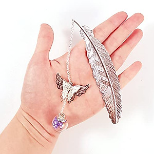 Metal Feather Bookmark, Vintage Book Marks with 3D Butterfly and Glass Beads Dry Flower Pendant, Mother's Day, Christmas for Women, Men Book Lovers Creative Gifts Bookmarks