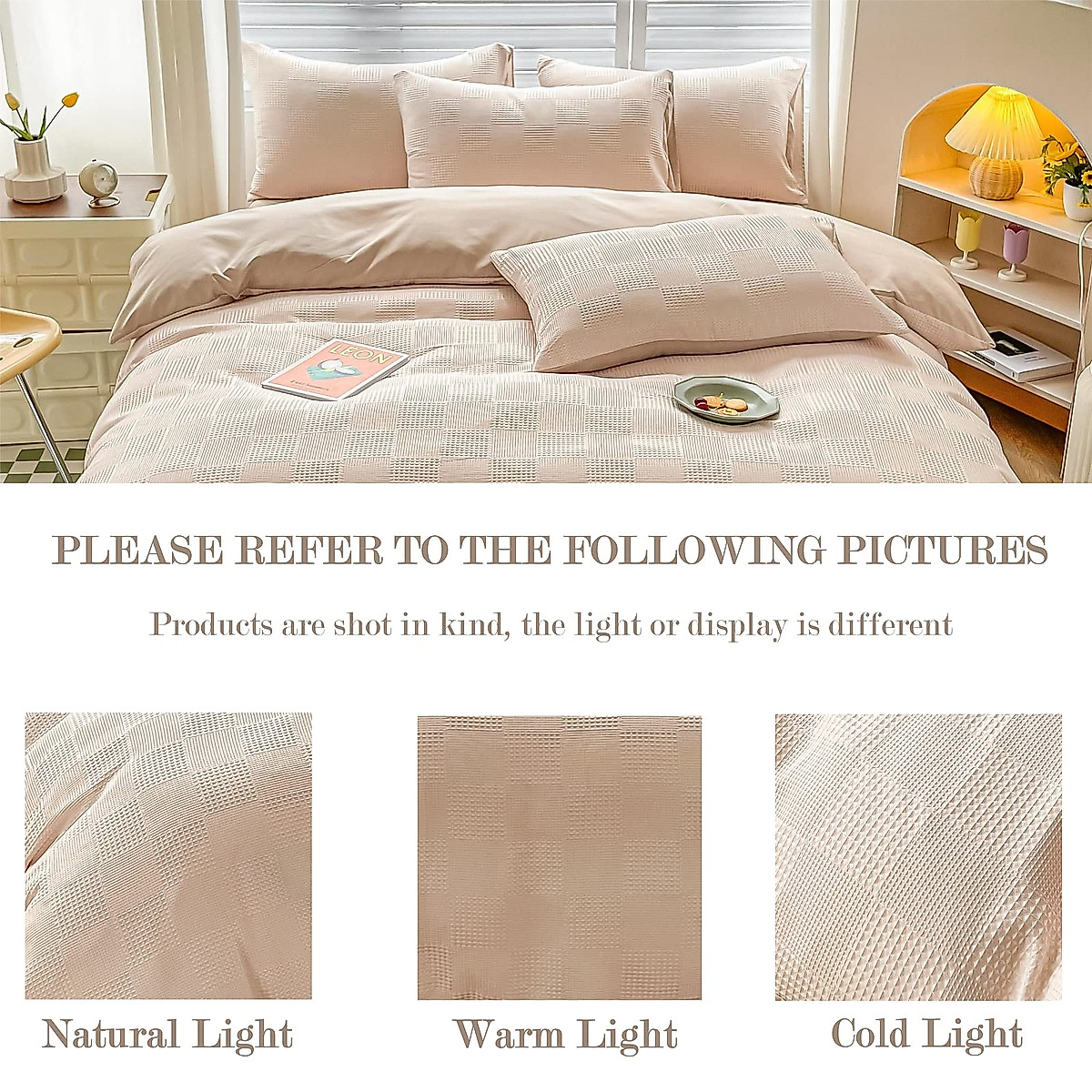 Beyeutao Brown Waffle Duvet Cover Ultra Soft Washable Queen Duvet Cover Comforter Textured 3 Piece Bedding Set with Duvet Cover Pillowcases Zipper Closure.