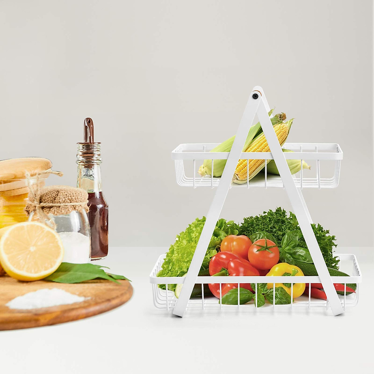 2-Tier Fruit Basket, Metal Fruit Bowl Bread Baskets Countertop Vegatable Storage Stand for Kitchen, White
