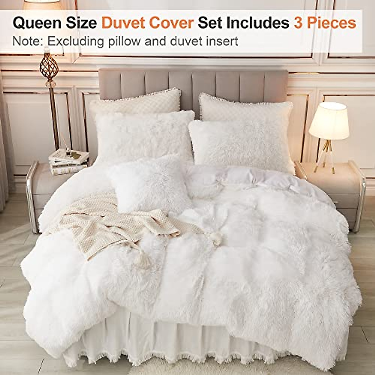 annadaif Plush Shaggy Duvet Cover, White Fluffy Comforter Cover Queen Size, Fuzzy Faux Fur Bedding Set with Zipper Closure, Luxury Ultra Soft 3 Pieces (1 Duvet Cover, 2 Pillowcases)