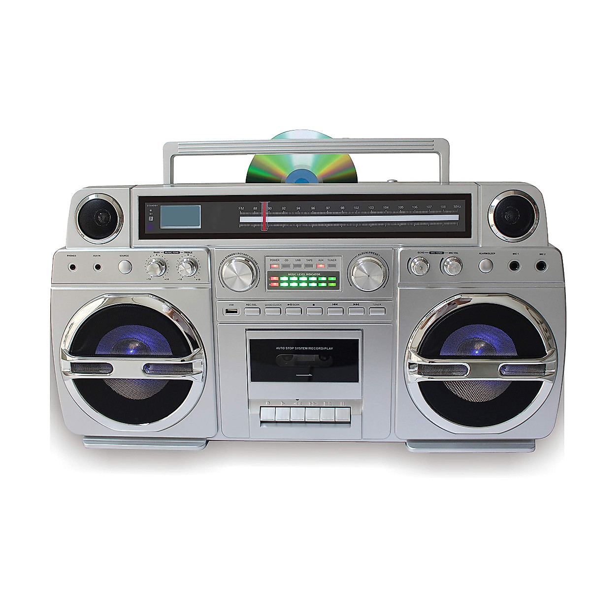 TechPlay Monster 1980S-Style Boom Box CD Player, Cassette Player/Recorder, AM/FM, USB, Bluetooth Speaker with Built-in Rechargeable Battery
