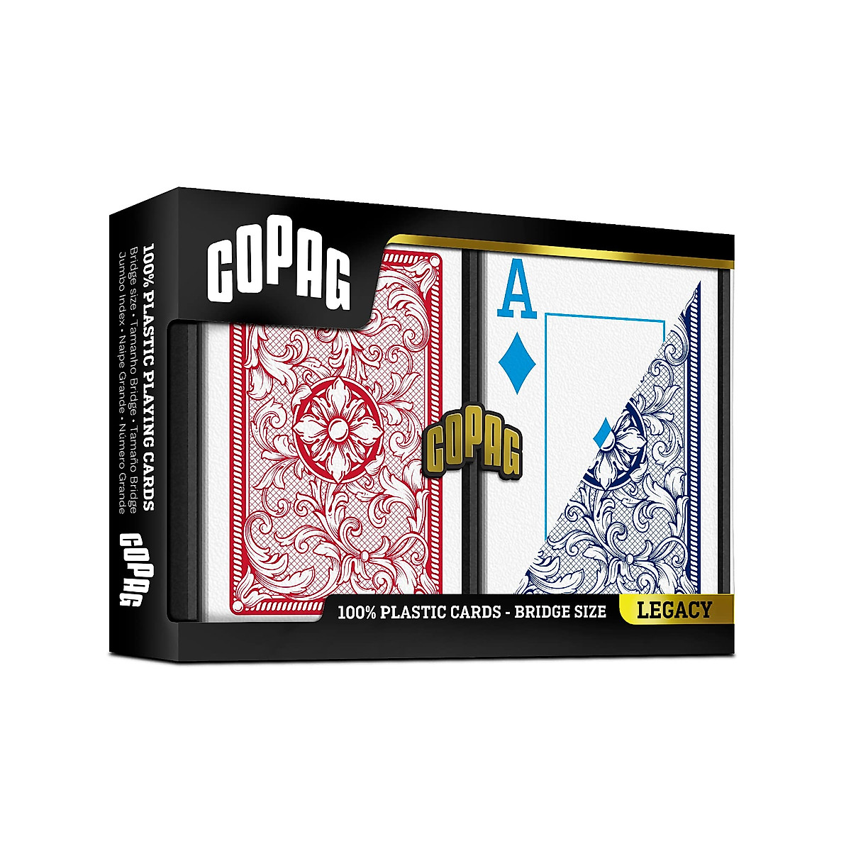 Copag 4-Color Legacy Design 100% Plastic Playing Cards, Bridge Size (Narrow) Jumbo Index Red/Blue Double Deck Set…