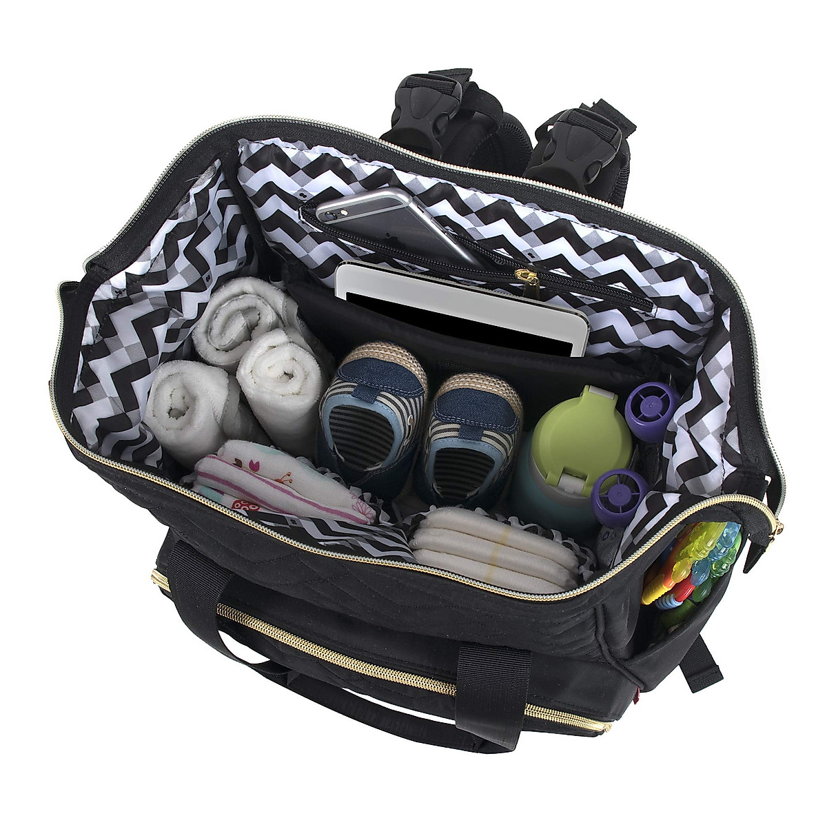 Quilted Backpack Diaper Bag Tote with Changing Pad, Stroller Straps, Insulated Bottle Compartment (Midnight Black)