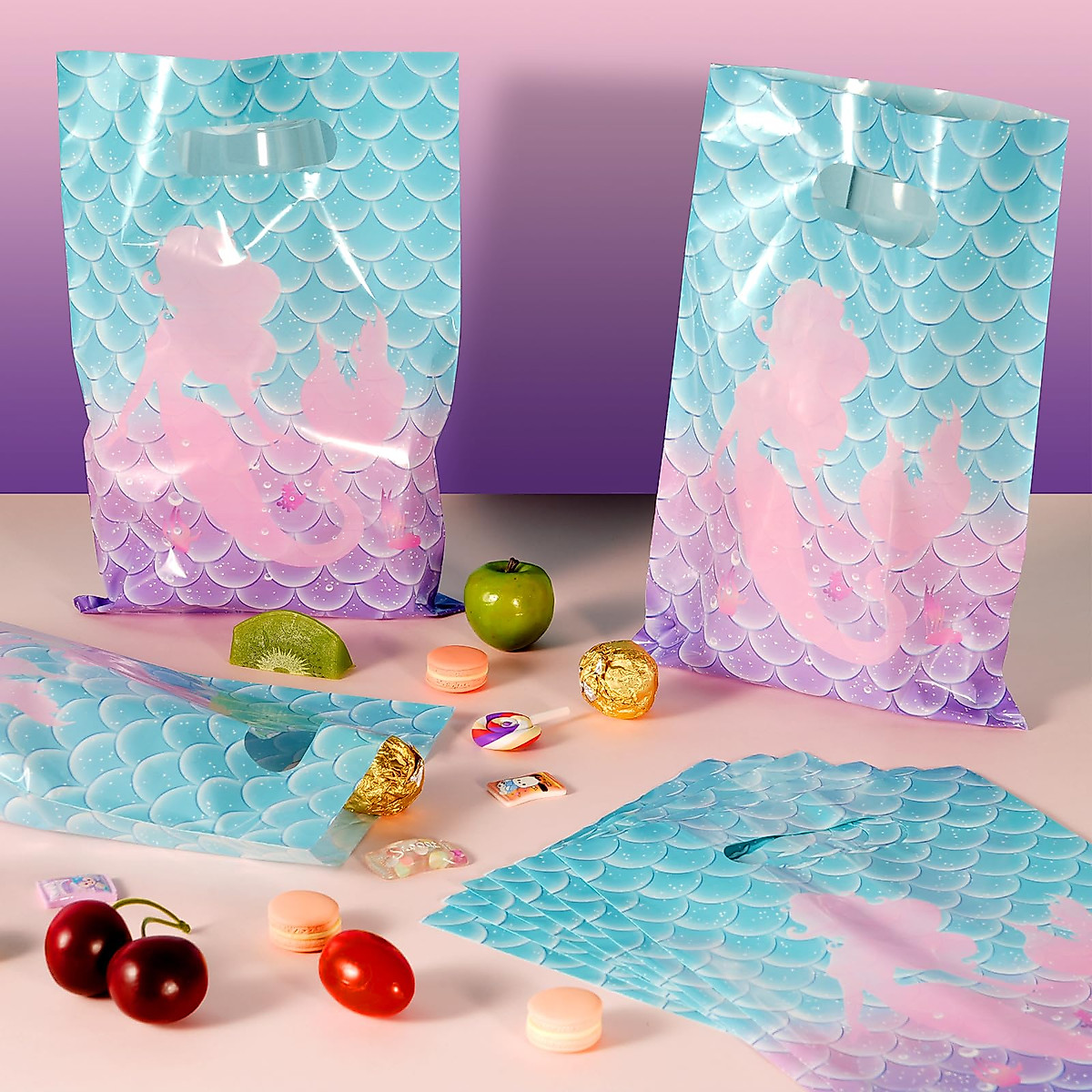 50 Pieces Mermaid Birthday Party Gift Bags,Plastic Mermaid Printed Goodie Bags with Handles Mermaid Candy Party Favor Bags for Kids Girls Under The Sea Theme Birthday Party Supplies and Decorations