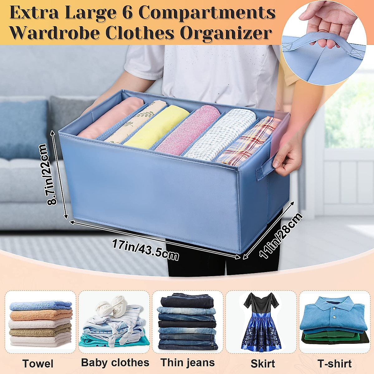 2Pcs Extra Large 6 Compartments Wardrobe Clothes Organizer, Upgraded Laundry Cabinet Clothes Storage Box, Foldable Visible Clothes Drawer Organizer for Jeans, Sweaters, T-shirts, Pants, Legging