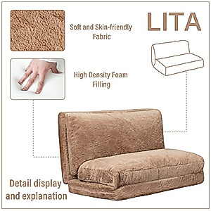 LITA Folding Mattress Sofa, Foldable Double Sofa Bed Foam Filling Convertible Sleeper Sofa Bed Modern Soft Faux Fur Wall Sofa Bed with Removable Cover for Living Room/Apartment/Dorm, Khaki
