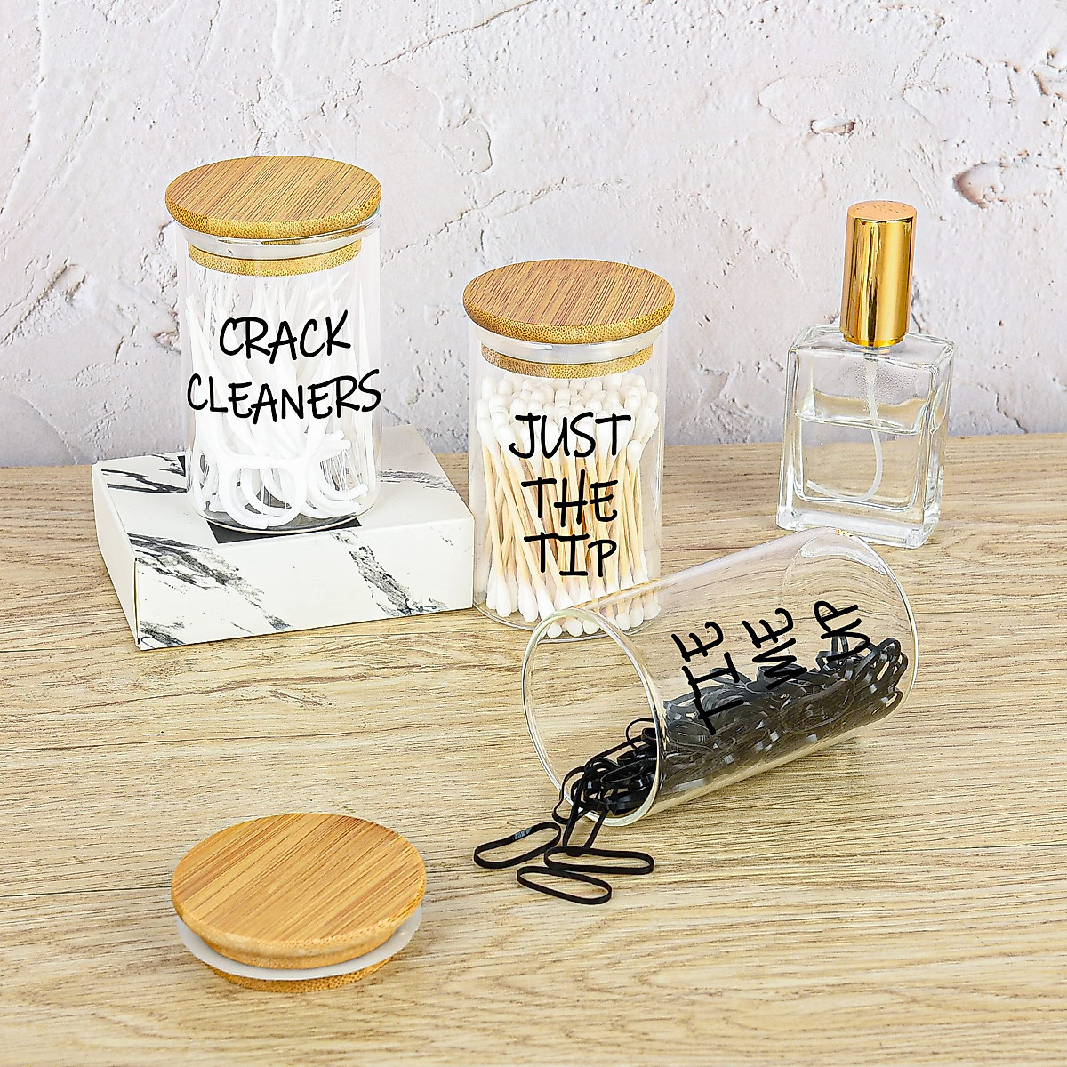 Glass Qtip Holder Dispenser Apothecary Jars, Storage Container with Bamboo Lid and Label, Bathroom Countertop Organizer for Cotton Swabs, Balls, Cotton Pad, Floss & More - Set of 3