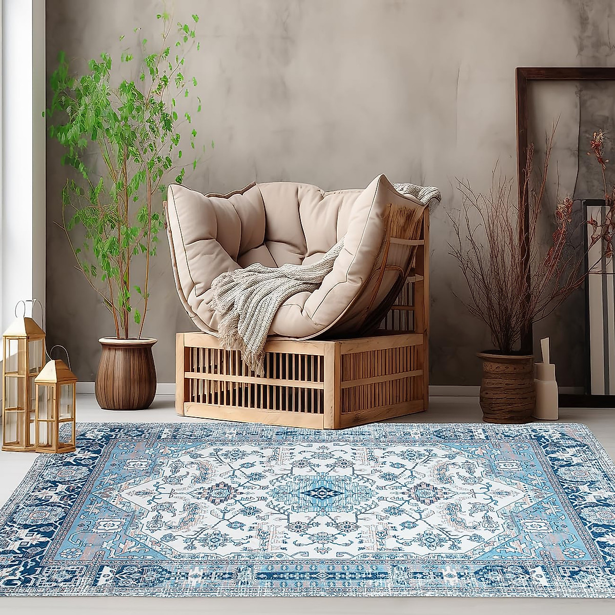 Area Rug 5x7 Washable Boho Vintage Rug with Non Slip Backing Soft Low-Pile Carpet Foldable Mat for Living Room Bedroom Dining Office, Light Blue/White