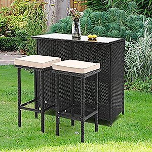 SoarFlash 3-Piece Outdoor Wicker Bar Set, Patio Rattan Bar Height Table Set with Stools, Cushion, Bistro Set for Poolside, Garden and Backyard, Beige