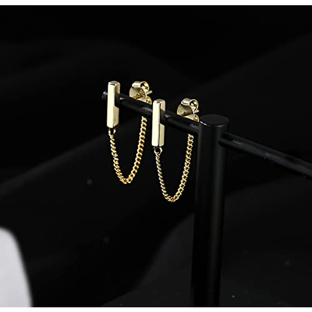 Reffeer Solid 925 Sterling Silver Bar Chain Dangle Earrings Drops for Women Teen Girls Bar Drop Earrings Chain Studs (A-Gold)