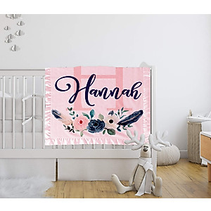 Personalize It Baby Blanket for Girls 30x40 in (Pink) Customized with Name Personalized Monogram for Newborns and Infant in Floral Girl Navy Indigo Blue and Pink with Satin Trim