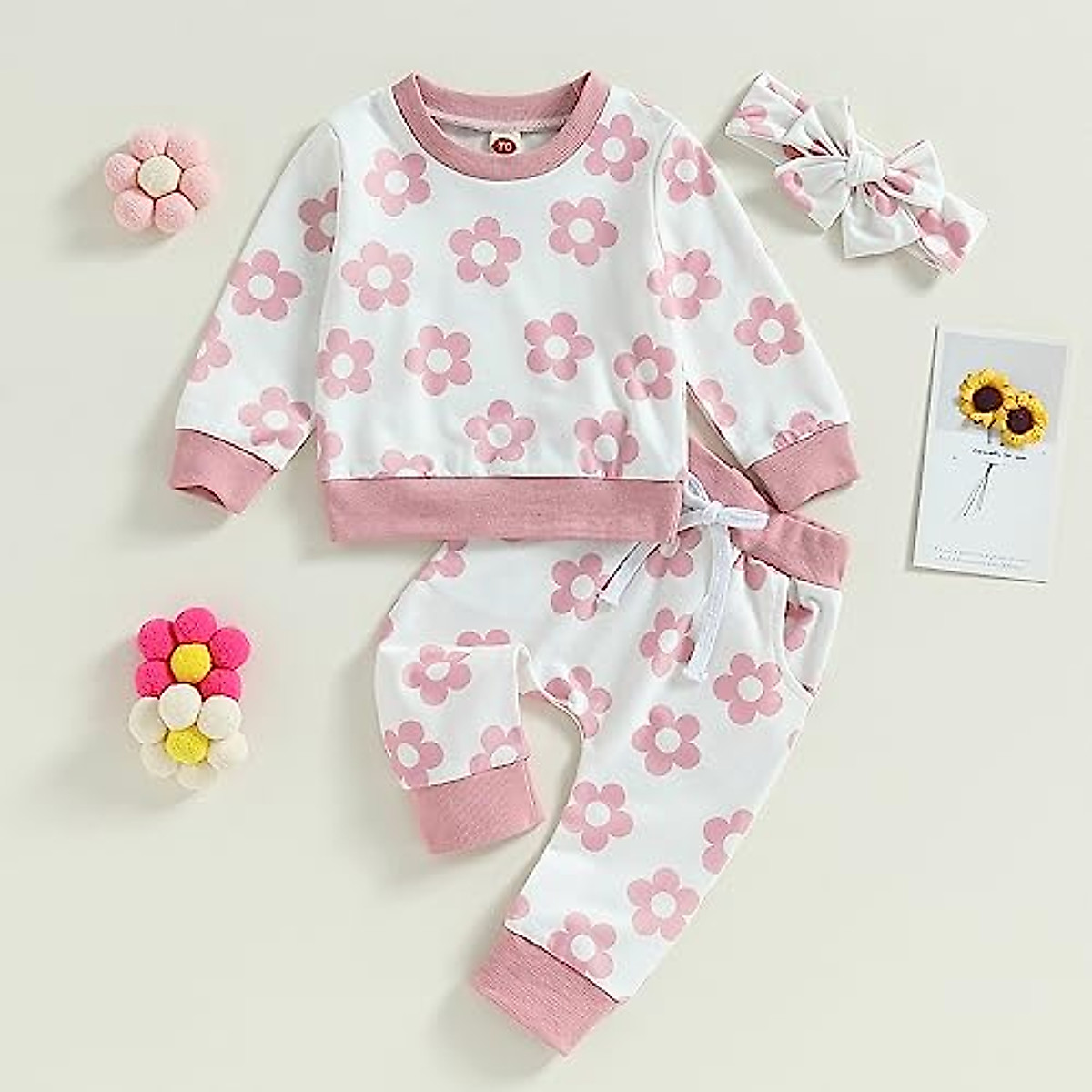 Douhoow Infant Baby Fall Outfit Baby Girl Flowers Sweatshirt Drawstring Pants Baby Girl Clothes Set (Pink, 0-6 Months)