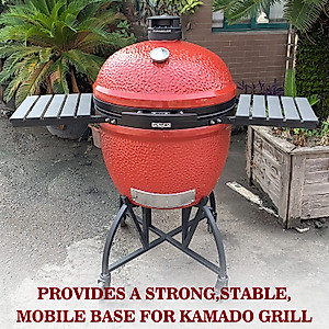 Rolling Cart with Handle+Foot Putter for Kamado Je Big Joe Accessories,Rolling Cart with Heavy Duty Locking Caster Wheels Powder Coated Steel Rolling Outdoor Cart for Kamado Big Joe Grill Stand