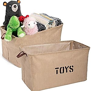 Woffit Toy Organizer Baskets - Set of 2 Collapsible Kids Toy Boxes w/Leather Handles - Living Room, Nursery and Playroom Storage & Organization, Beige