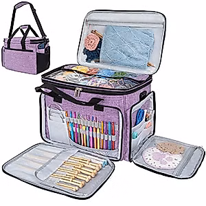 PAVILIA Knitting Bag Yarn Storage Tote - Crochet Organizer Bag, Yarn Storage Holder with Dividers for Knitting Accessories, Yarn Skiens, Needles, Hooks, Unfinished Project (Heather Purple)