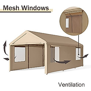 Gardesol Carport, 10'x20' Heavy Duty Carport with Roll-up Ventilated Windows, Portable Garage with Removable Sidewalls & Doors for Car, Truck, Boat, Car Canopy with All-Season Tarp, Beige