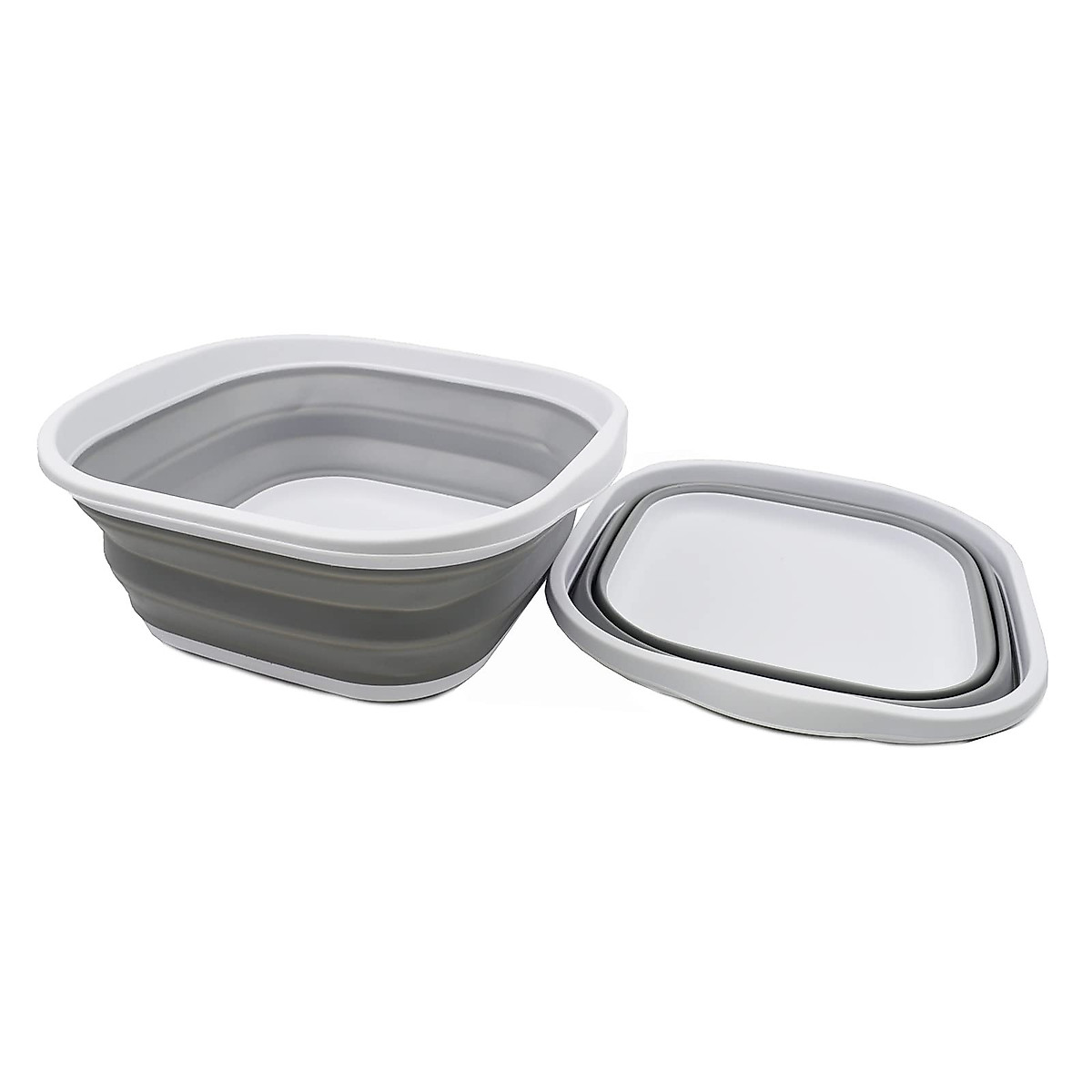 SAMMART 10L Set of 2 Collapsible Tub - Foldable Dish Tub - Portable Washing Basin - Space Saving Plastic Washtub (White/Grey)