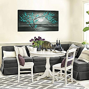 Kreative Arts Large Canvas Prints Wall Art Grey and Teal Plum Blossom Tree and Full Moon Landscape Contemporary Painting for Home Living Room Decorations 20x40inch