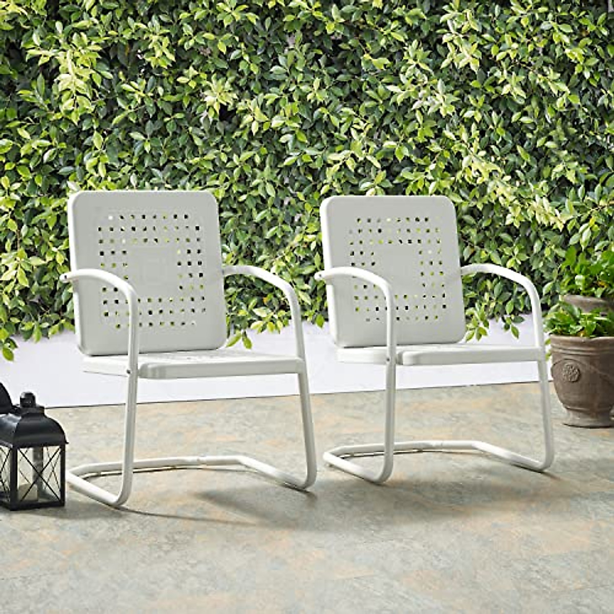 Crosley Furniture Bates 2-Piece Outdoor Chair Set, Retro Metal Patio Chairs for Dining, Porch, Deck, Balcony, White Gloss