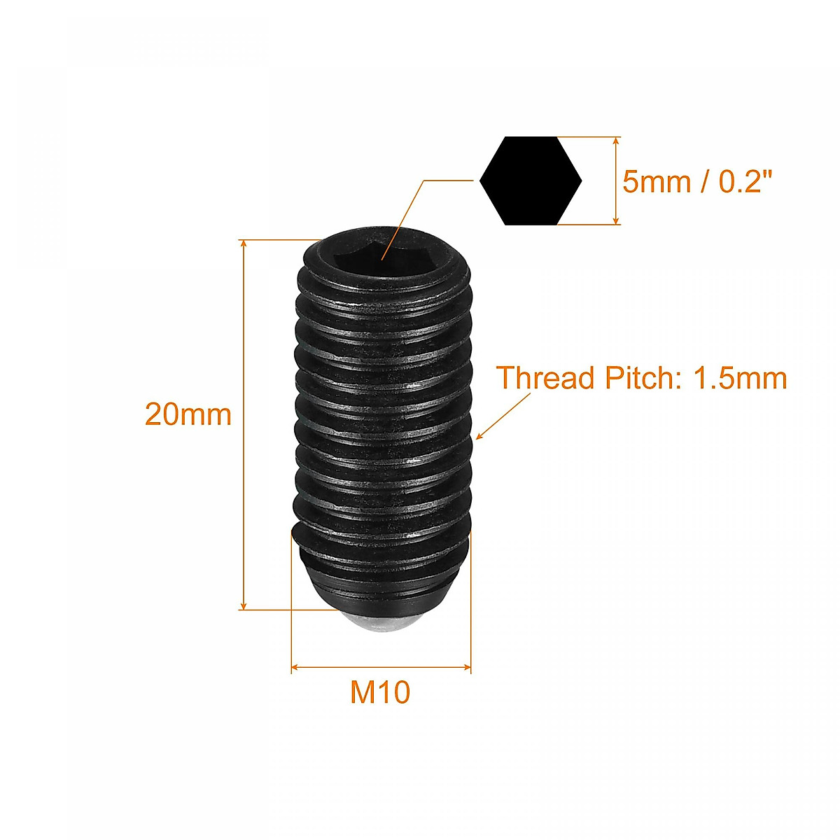 uxcell Ball Point Set Screws, 5pcs M10 x 20mm High Carbon Steel Metric Spring Hex Socket Grub Screw