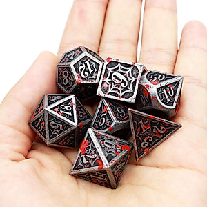 Haxtec Blood Splatter Metal DND Dice Set W/Gift Leather Dice Bag Bloodstained D&D Dice Spider Web Pattern Polyhedral Dice for Dungeons and Dragons TTRPG Games