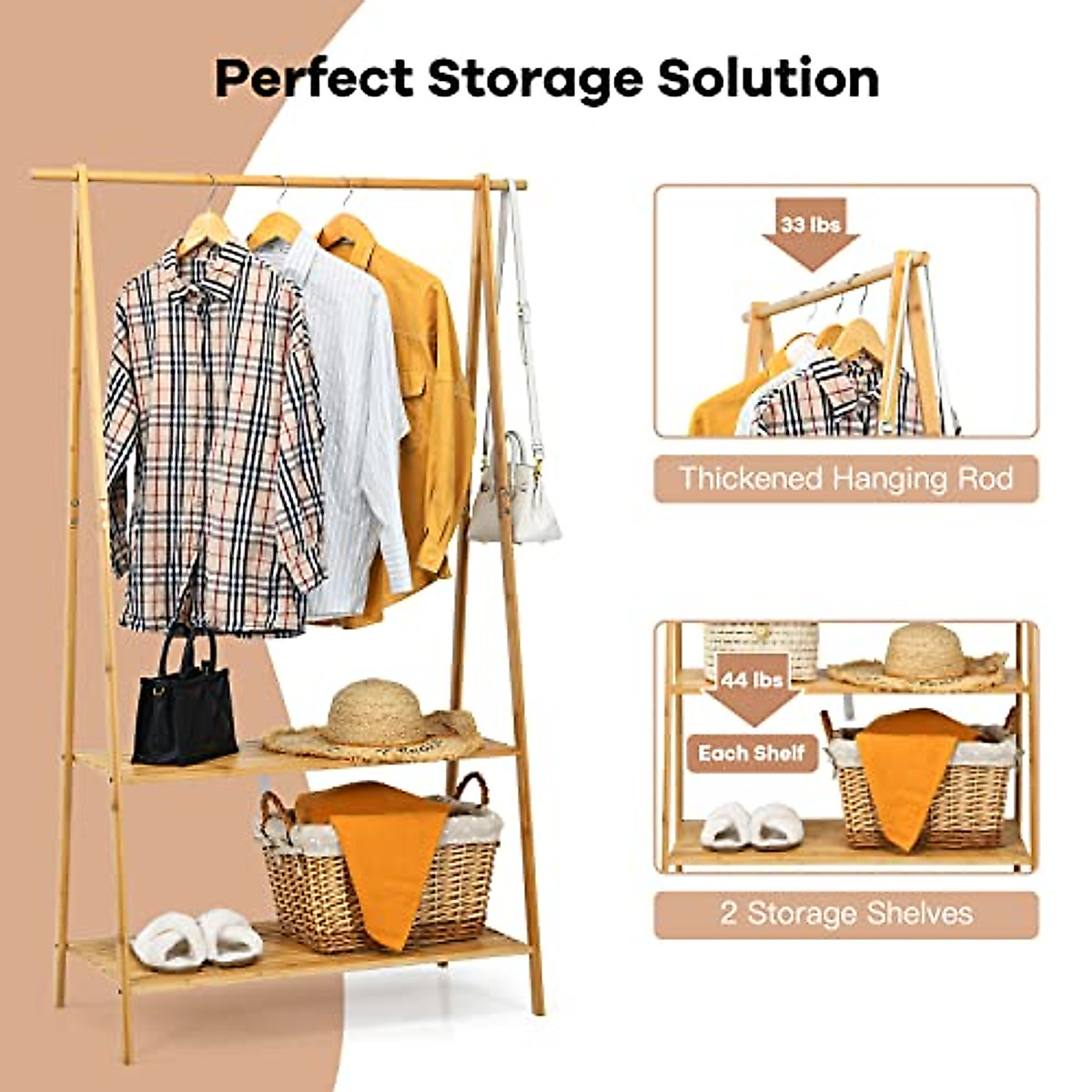 Giantex 2-Tier Bamboo Clothing Rack, 5.3Ft Freestanding Clothes Organizer Rack with Anti-tipping Devices, Cloth Hanger Standing Rack with Bottom Storage Shelves, Garment Racks for Hanging Clothes