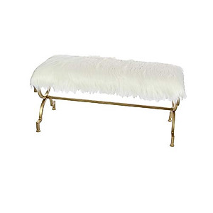 Deco 79 Metal Bench with White Faux Fur Top, 42" x 17" x 20", Gold