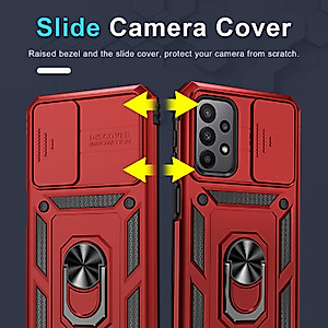 Janmitta Compatible with Galaxy A23 5G/4G Case Built in Slide Camera Lens Cover+Screen Protector,Heavy Duty Shockproof Full Body Cover,Built in Finger Ring Stable Holder Kickstand,2022 Red