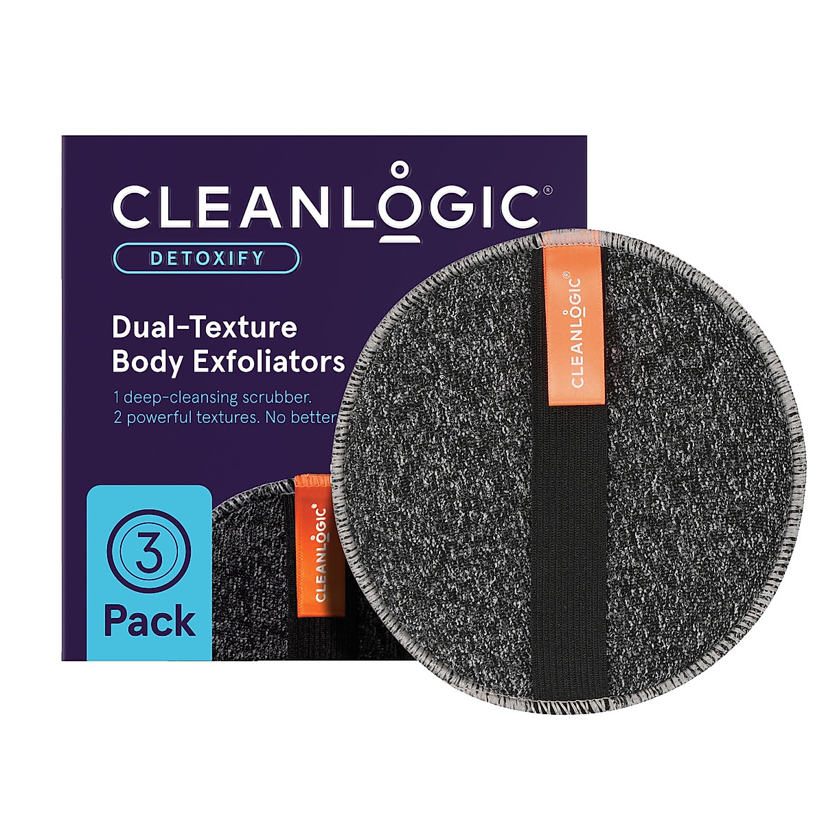 Cleanlogic Detoxify Purifying Charcoal Infused Exfoliating Body Scrubber, Dual-Texture Round Exfoliator Tool for Smooth, Clean Skin, Daily Skincare Routine, 3 Count Value Pack