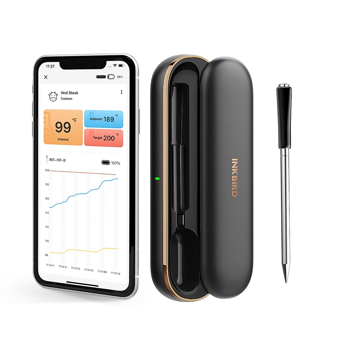 INKBIRD Wireless Meat Thermometer INT-11P-B, Bluetooth Meat Thermometer Wireless for Grilling Smoking, IP67 Waterproof Smart Meat Probe for BBQ Grill Smoker Rotisserie Rechargeable Box Gifts for Men