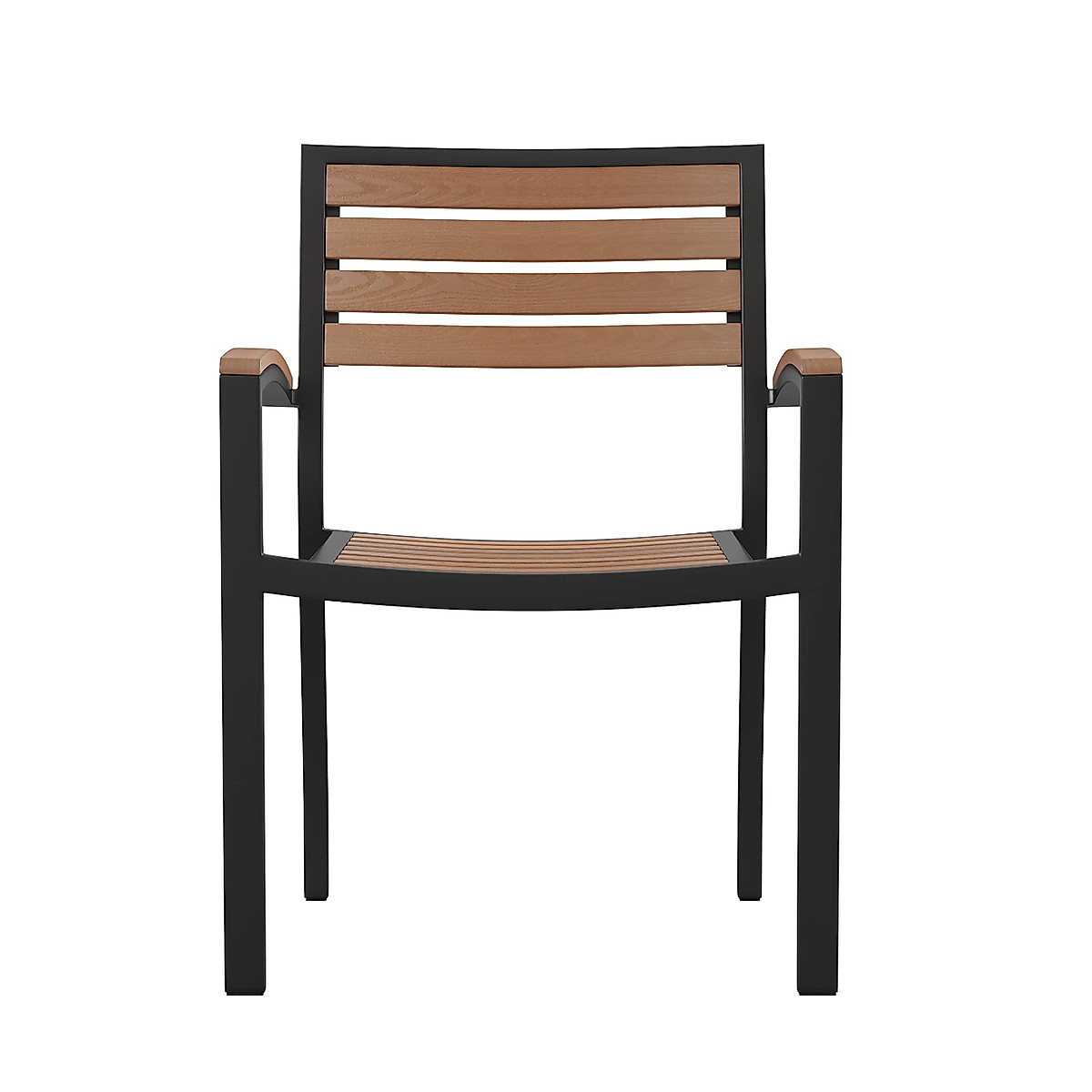 Flash Furniture Stackable Aluminum Patio Chair - All-Weather Black Framed Side Chair with Faux Teak Slats - Commercial Grade - Set of 2