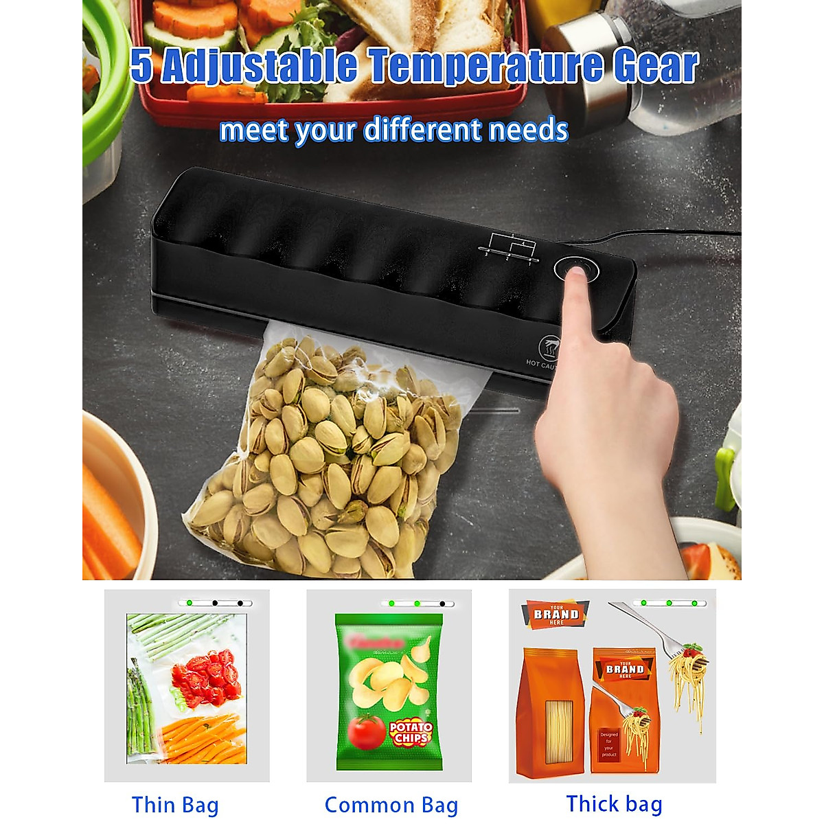 Bag Sealer Mini Rechargeable,3000mAh Heat Sealer Machine with 5 Adjustable Gears Chip Bag Resealer,Plastic Bag Sealer for Food Snack Bags Storage(black)