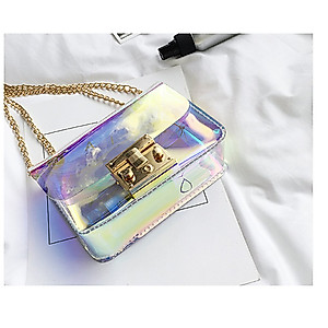Holographic Clear Purse Crossover Shoulder Messenger Bag Laser Sling Purse with Golden Chain, Transparent