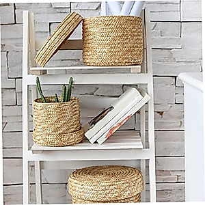 CurcKua 3pcs Straw Storage Baskets with Lid Woven Organizer Round Finishing Storage Box for Bedroom Living Room Laundry Snack