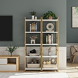 finetones 5 Tier Corner Shelf, Narrow Bookshelf Gold with Metal Frame, Modern Display Storage Organizer for Bedroom Living Room Home Office, White and Gold