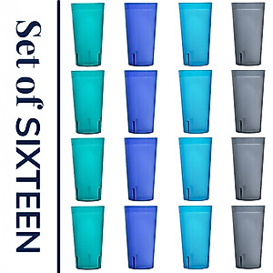 US Acrylic Café 20-ounce Plastic Restaurant Style Lightweight Stackable Beverage Tumblers | Reusable, BPA-free, Made in the USA, Top-rack Dishwasher Safe | Water Cups set of 16 in 4 Coastal Colors