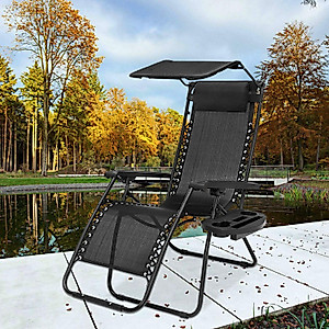 Meet perfect Zero Gravity Chairs Set of 2 with Canopy, Adjustable Outdoor Recliners Outdoor Patio Chairs Folding Reclining Lounge Chair w/Pillows and Cup Holder Trays- 2 Pack, Black