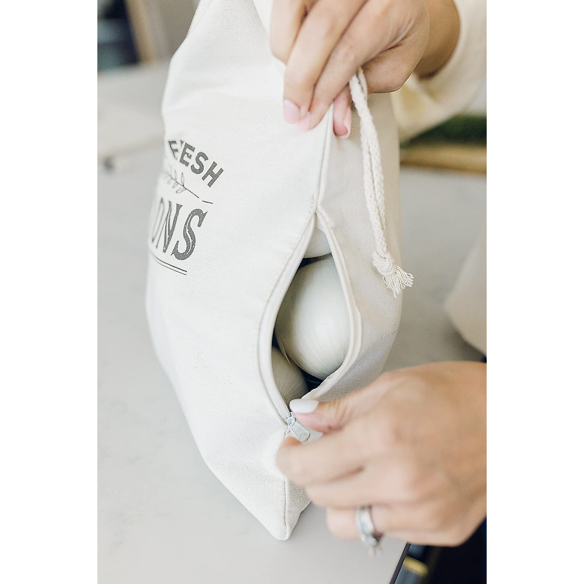 Resilient Roots Potato Storage for Pantry I Potato and Onion Storage Bags with Side Zipper I Set of 2 - 16” x 12” - Cotton Farmhouse Kitchen Onion Bag with Blackout Liner