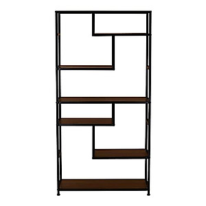 Household Essentials Jamestown Tall 6 Shelf Open Storage Bookshelf Mid Century Walnut Wood Grain and Black Metal