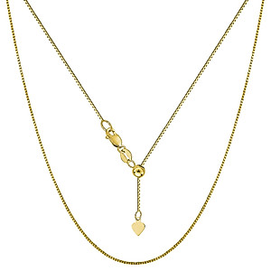 Jewelry Affairs 14k Yellow Real Gold Adjustable Box Chain Necklace, 0.7mm, 22"