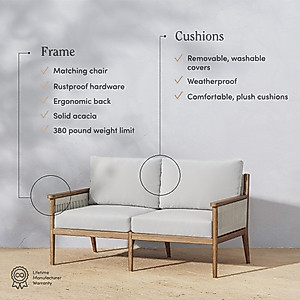 Nathan James Kayden Bohemian Wood Loveseat Sofa, Upholstered Outdoor Seating with Removable Cushion Covers, Solid Acacia Wood Frame, Light Brown