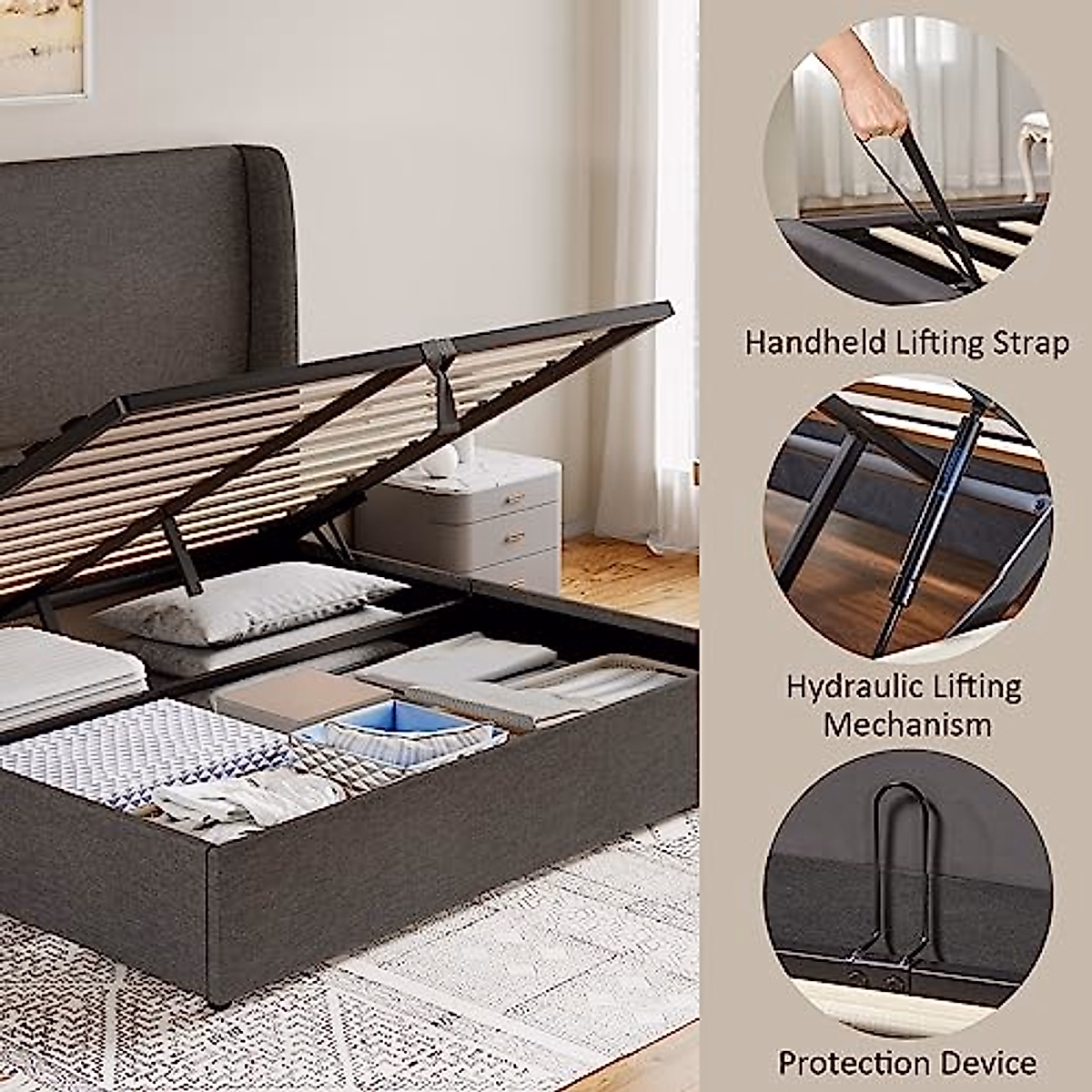 Jocisland Lift Up Storage Bed Queen Size Linen Upholstered Platform Bed Frame/Hydraulic Storage/Modern Wingback Headboard/No Box Spring Needed/Wood Slats Support/Dark Grey