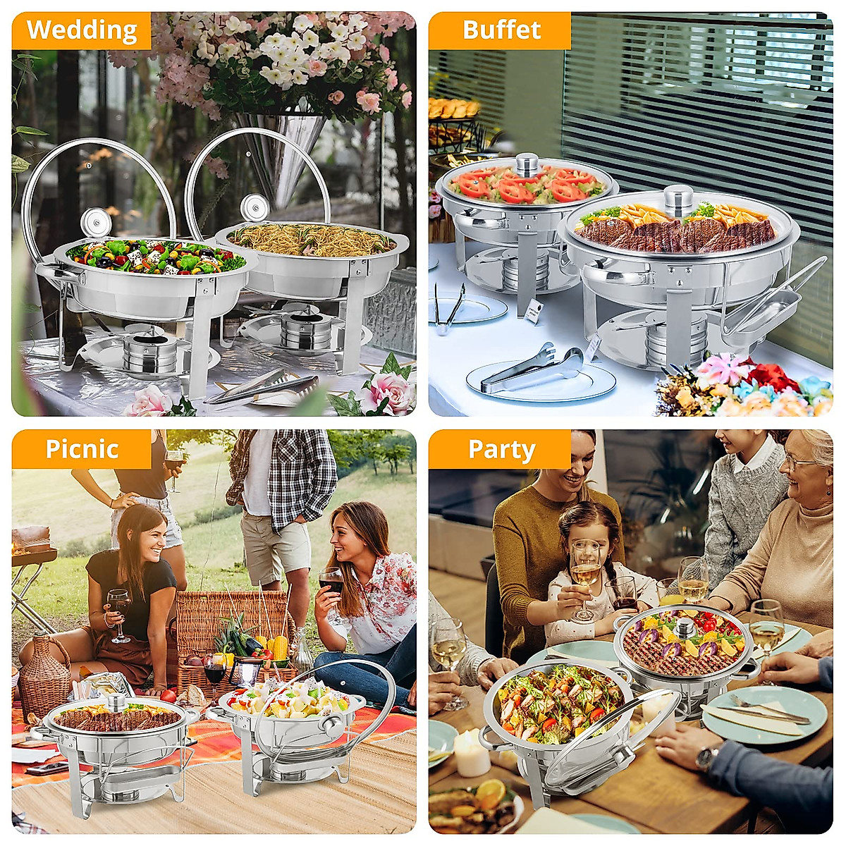 ROVSUN 5 Qt 2Pack Chafing Dish Buffet Set, NSF Stainless Steel Round Chafers for Catering, Buffet Servers and Warmers Set with Glass Lid & Lid Holder, Thick Stand Frame for Wedding Party Banquet Event