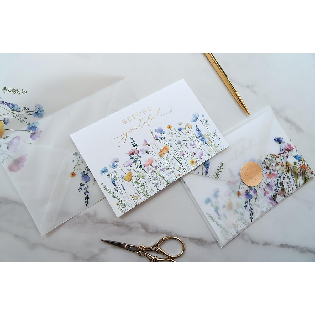 Gooji 4x6 Meadow Bloom Beyond Grateful Thank You Cards, Bridal Shower, Wedding, Baby Shower, Birthday, Small Business (Bulk 20 Pack) Vellum Envelopes