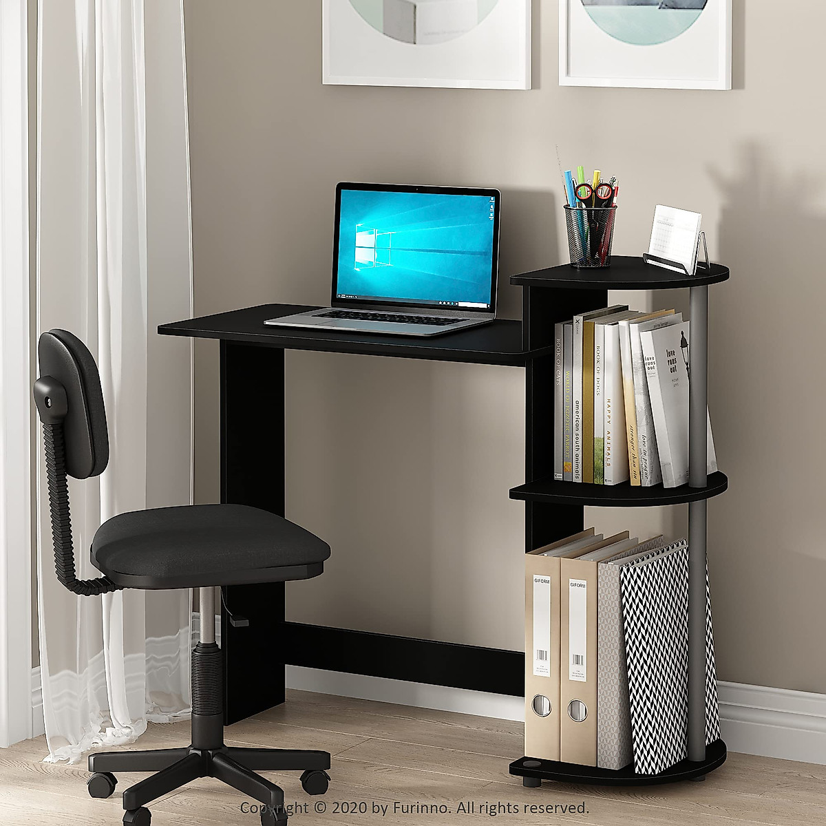 Furinno Compact Computer Desk with Shelves, Round Side, Light Cherry/Black