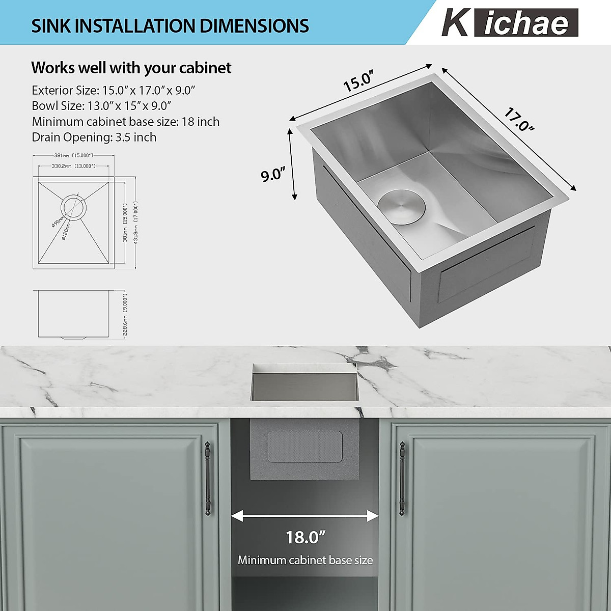 Kichae 15x17 Inch Stainless Steel Bar Prep Sink Undermount Single Bowl 16 Gauge Stainless Steel RV Kitchen Sink Round Corner Sink