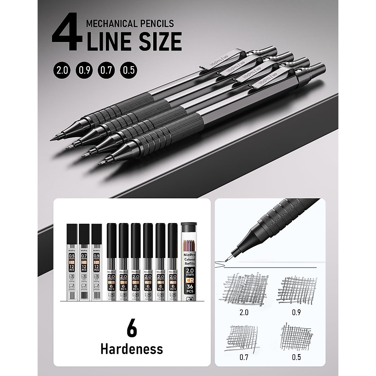 Nicpro 30PCS Black Metal Mechanical Pencil Set in Leather Case, Art Drafting Pencil 0.5, 0.7, 0.9 mm, 2mm Lead Pencil Holders for Sketching Drawing With 16 Tube (6B 4B 2B HB 2H 4H Colors)Lead Refills